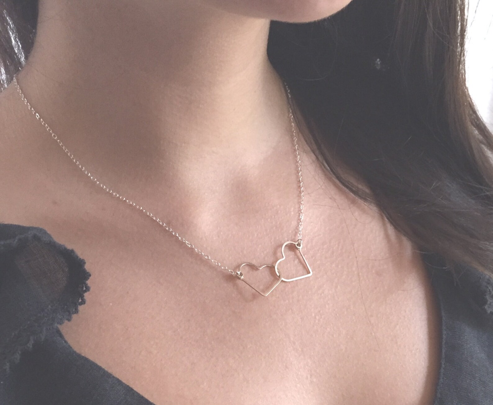 TWO HEARTS NECKLACE Interlocking Heart Necklace Simple | Etsy