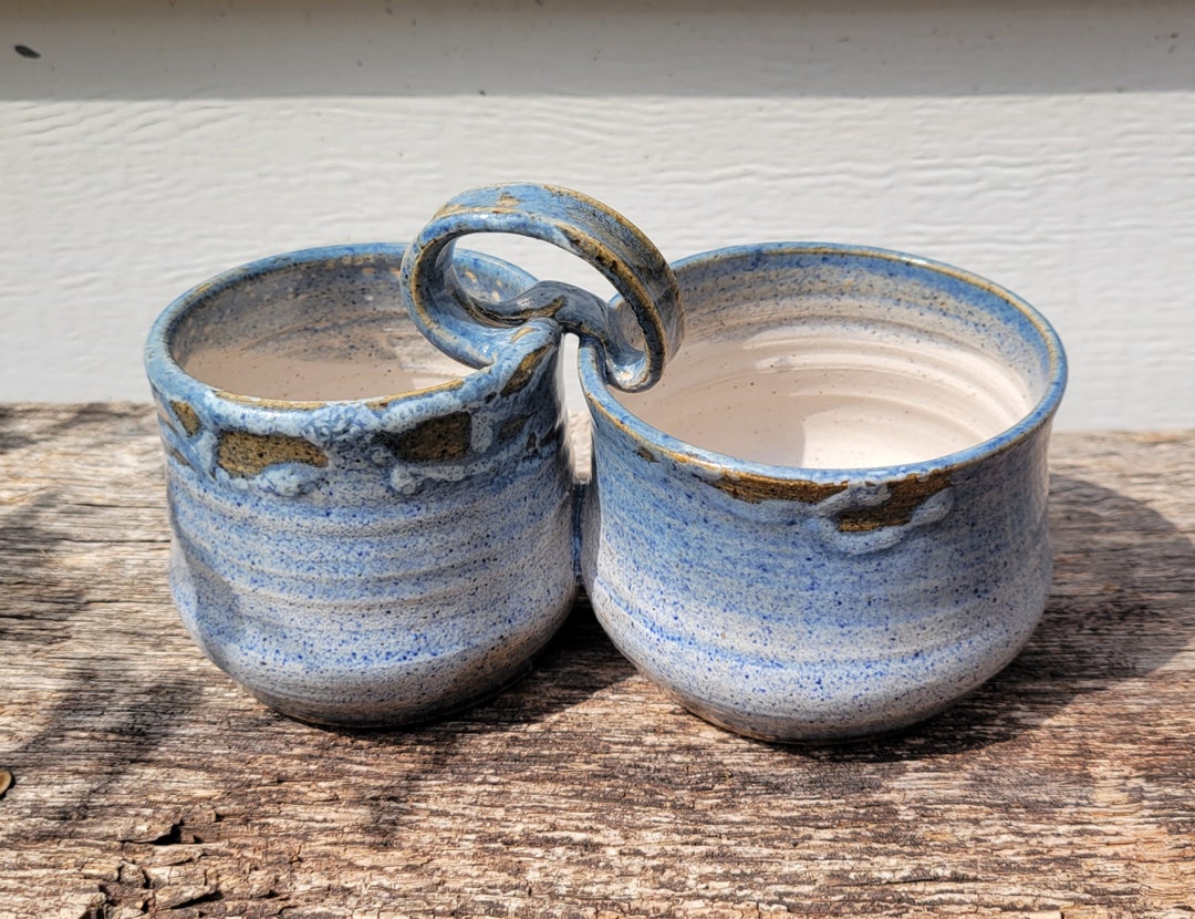 Pottery Double Bowl, Two Small Serving Bowls Attached With a Loop ...