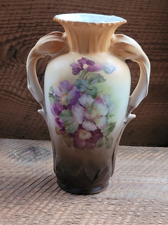 Vintage Ceramic Vase With Double Handles Floral Design Made - Etsy