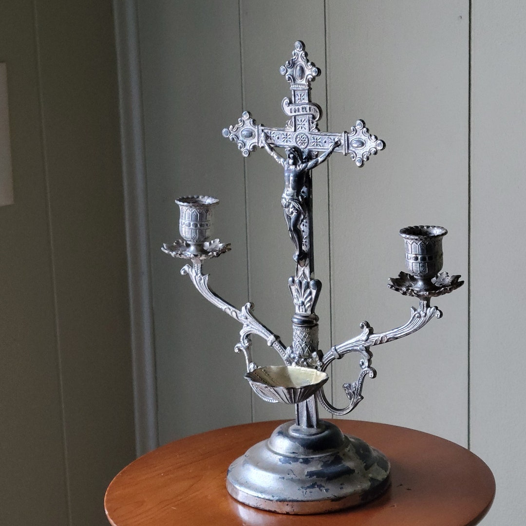 Antique 1900s, Silver Plated Crucifix Double Candelabra Holy Water Font ...