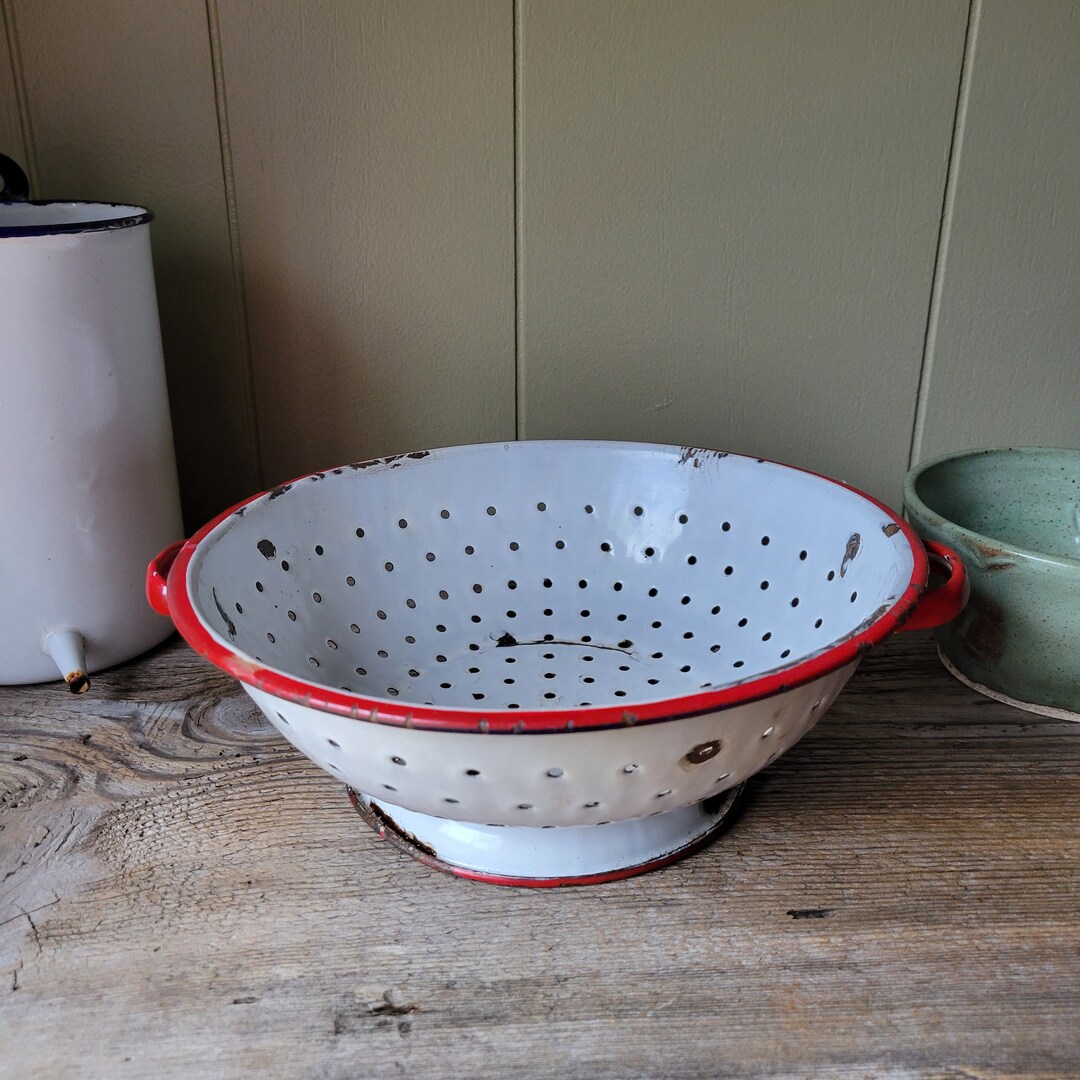 Vintage Enamel Colander, Enamelware Red Trim Colander, Old, Rustic ...