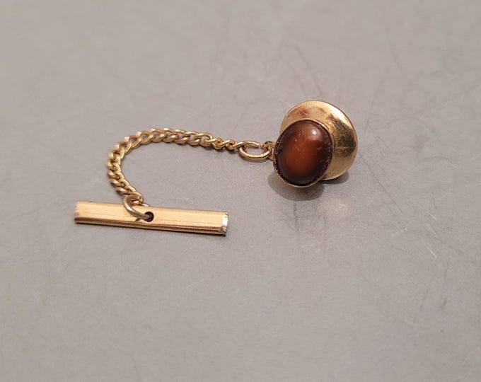 Vintage Small Aged Gold Toned Tie Pin Tiny Brown Stone Mens Simple Tie ...