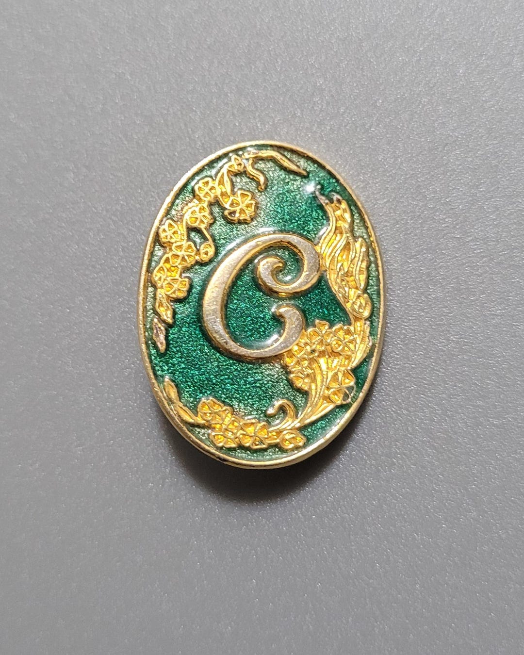 Vintage Small Letter C Hand Enameled Pin SH England Green and Gold ...