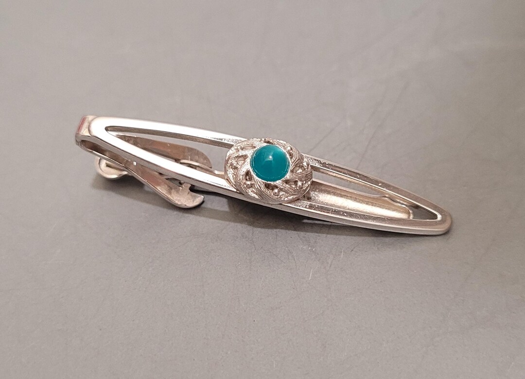 Vintage Silver Toned Large Swank Tie Clip Mens Round Stone Tie Bar Clip ...