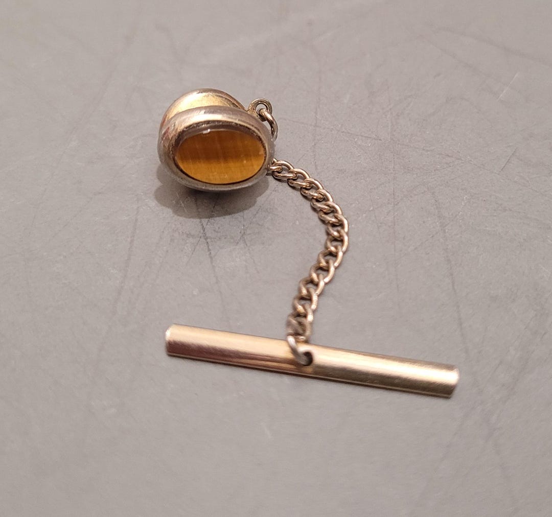 Vintage Small Aged Gold Toned Tie Pin Tigers Eye Mens Simple Tie Lapel ...