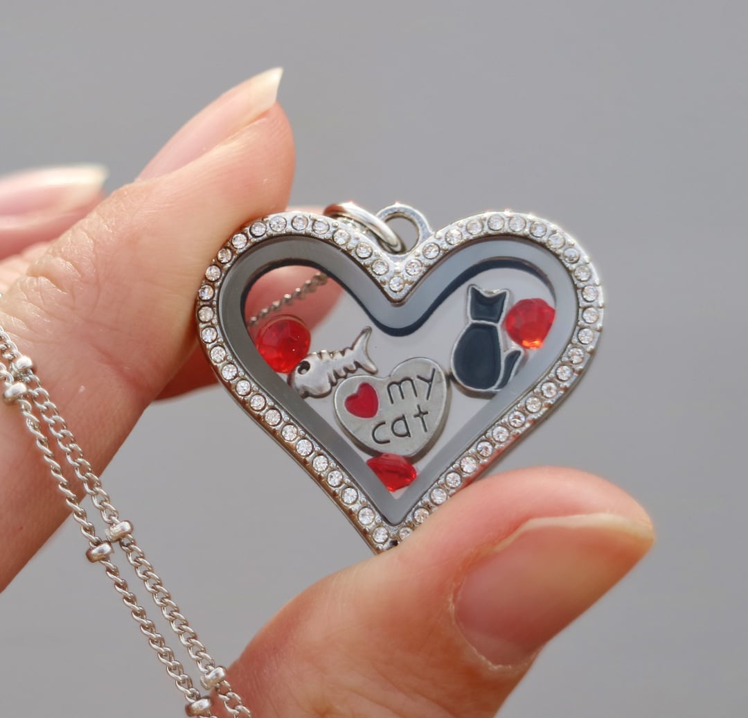 Cat Lady Glass Locket Necklace Kitty Lover I Love My Cat Floating Charm ...