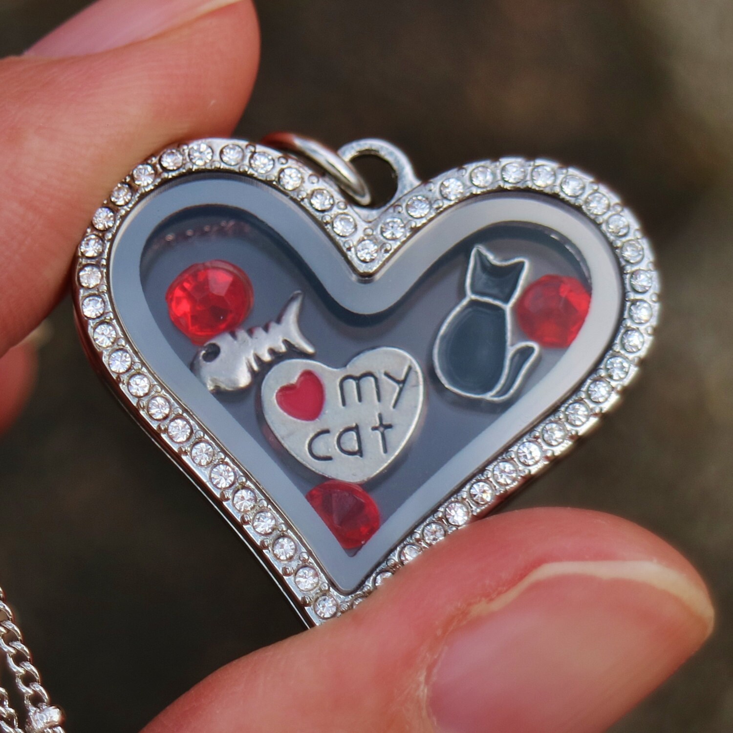 Cat Lady Glass Locket Necklace Kitty Lover I Love My Cat Floating Charm ...