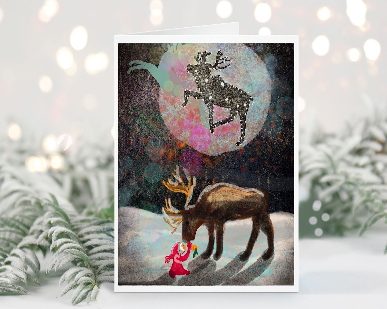 Moose Winter Holiday Card With Gnome and Snow - Etsy