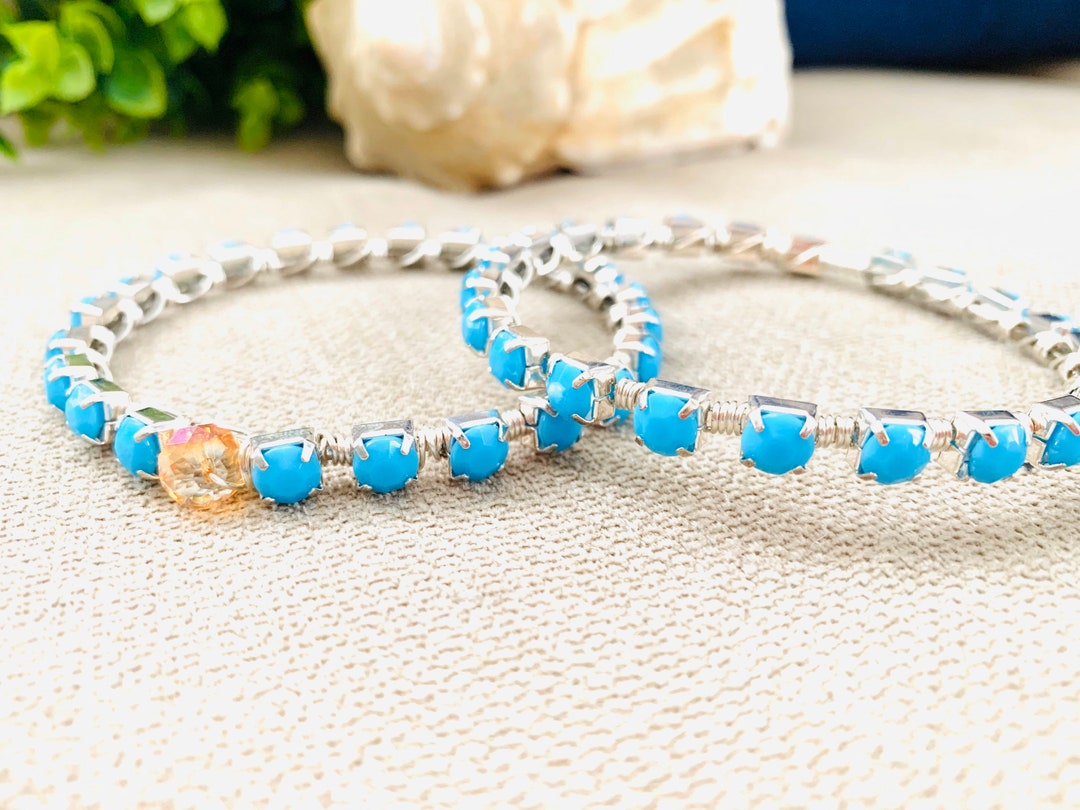Handmade Blue Beaded Bangle Bracelet: Stackable Stainless Steel Wire - Etsy