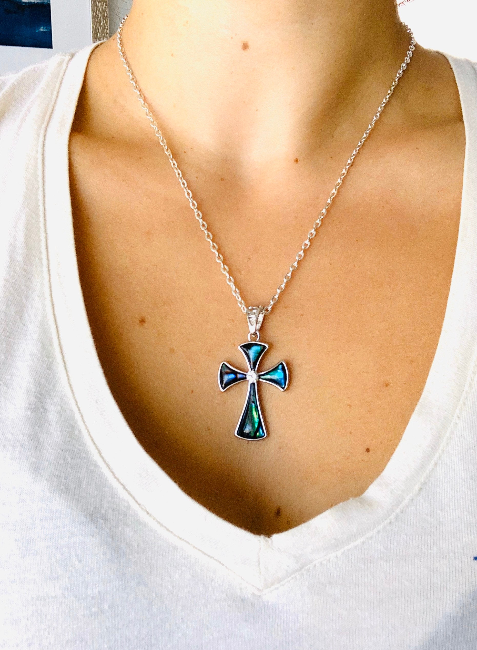 Sterling Silver Celtic Abalone Shell Cross Necklace - Etsy