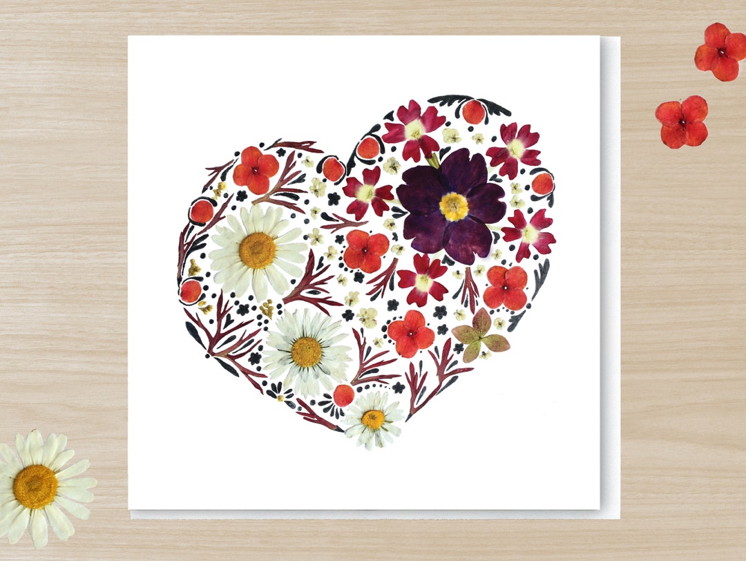 Pressed Flower PRINTED card, Heart card, Daisies, Red flower card ...