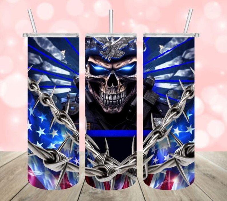 Thin Blue Line/skull/american Flag 20oz Skinny Tumbler *free Shipping ...