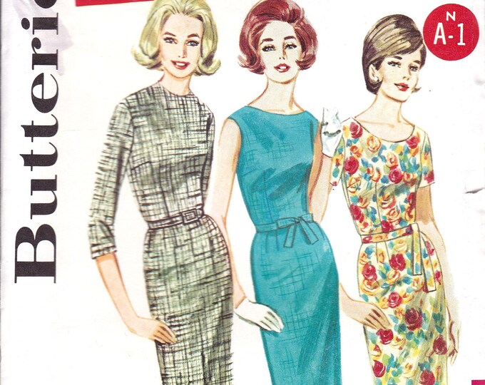 1960's Proportioned Sheath Dress With Self Belt, Jewel Neckline, 3/4 ...