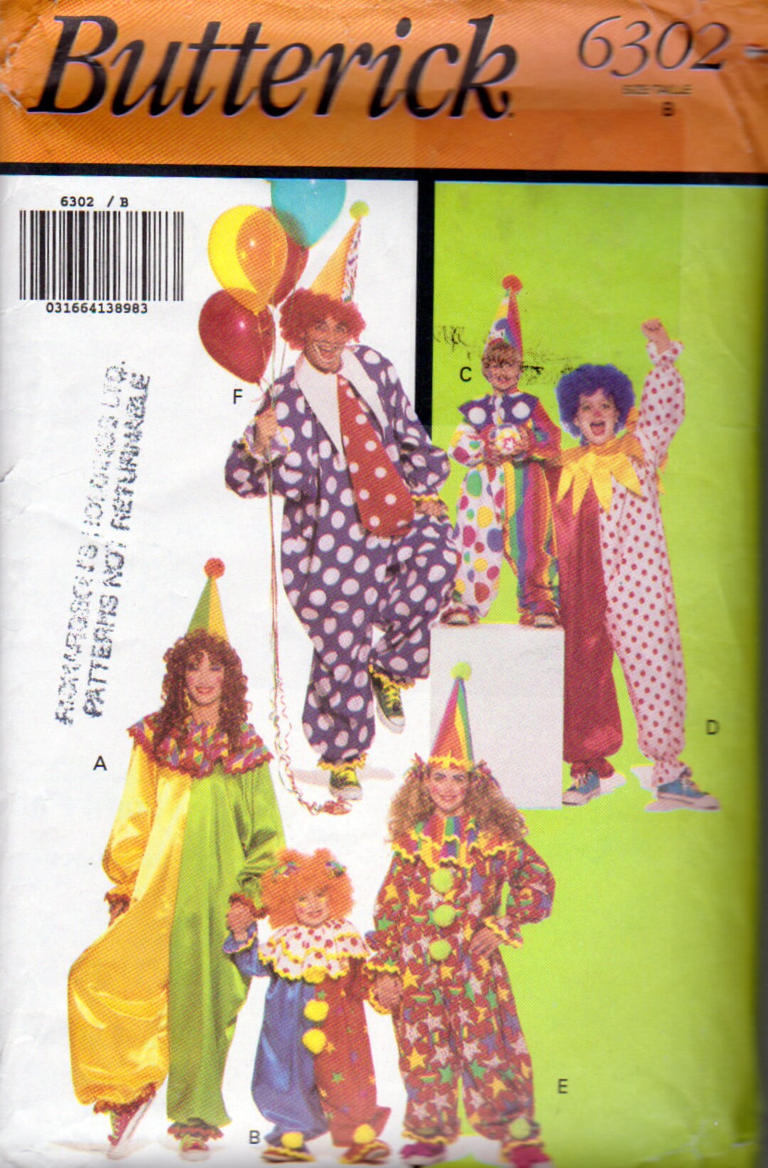 Butterick 6302 Adults Unisex Clowns Halloween Costume Sewing Patterns ...