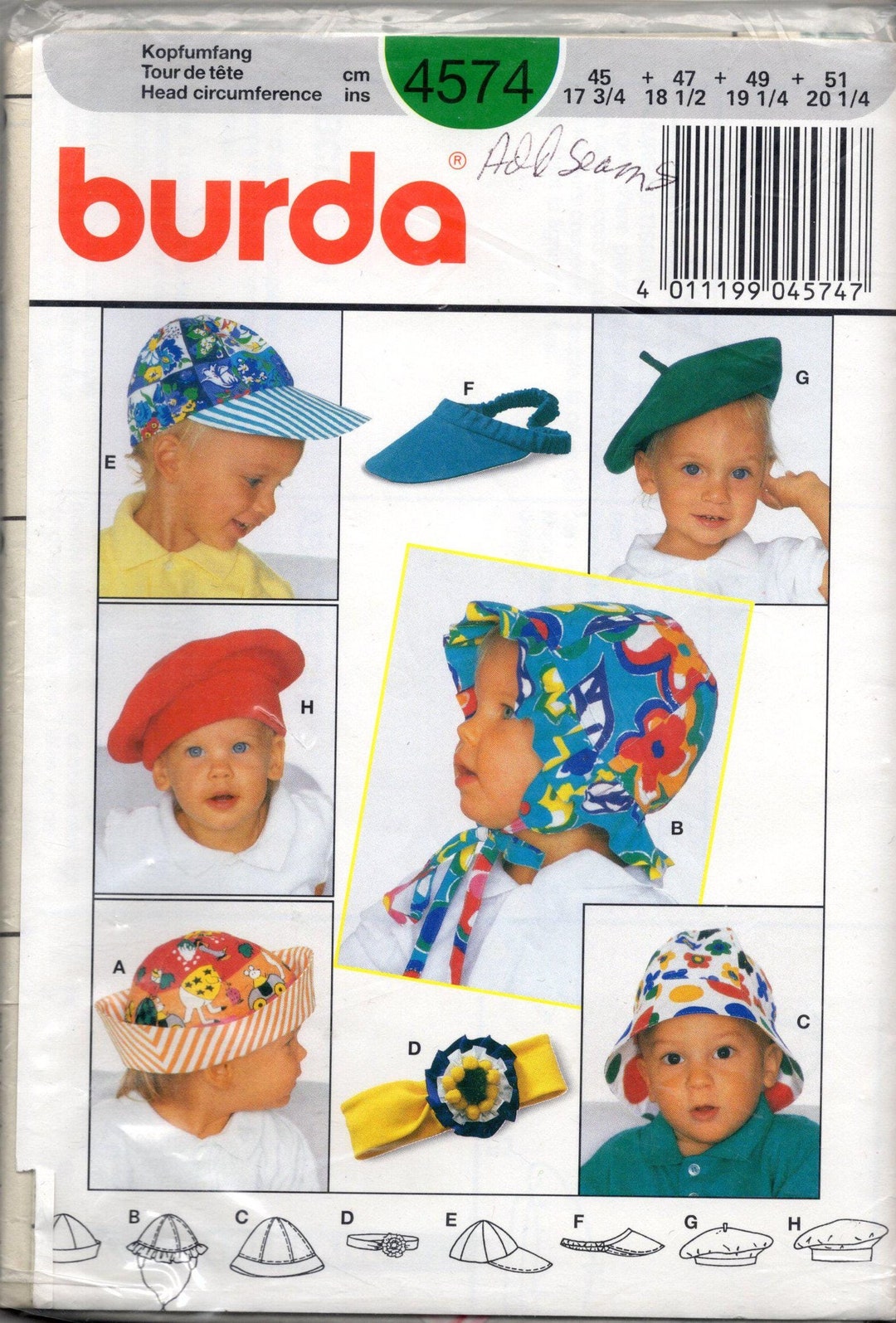 Burda 4574, Hats for Kids, 173/4 - 201/4 Head Size, Beret, Sailor Hat ...