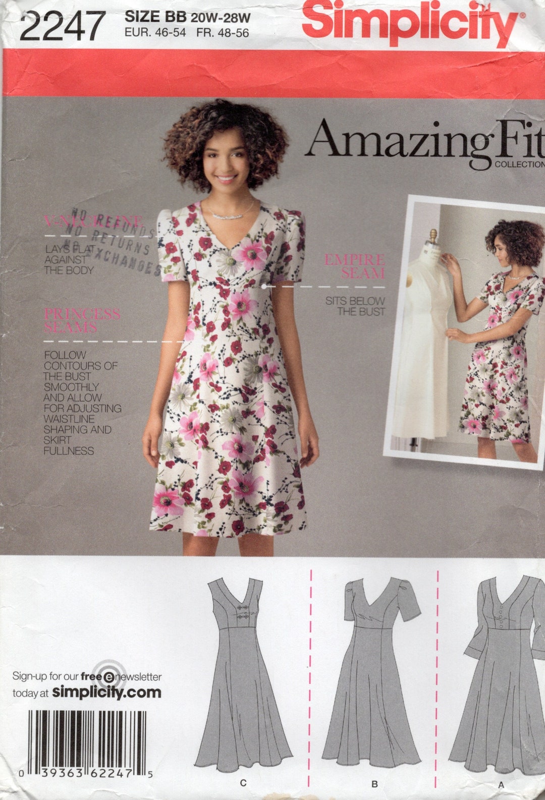 Simplicity 2247, the Amazing Fit Dress, Plus Sizes 20W to 28W, V Neck ...
