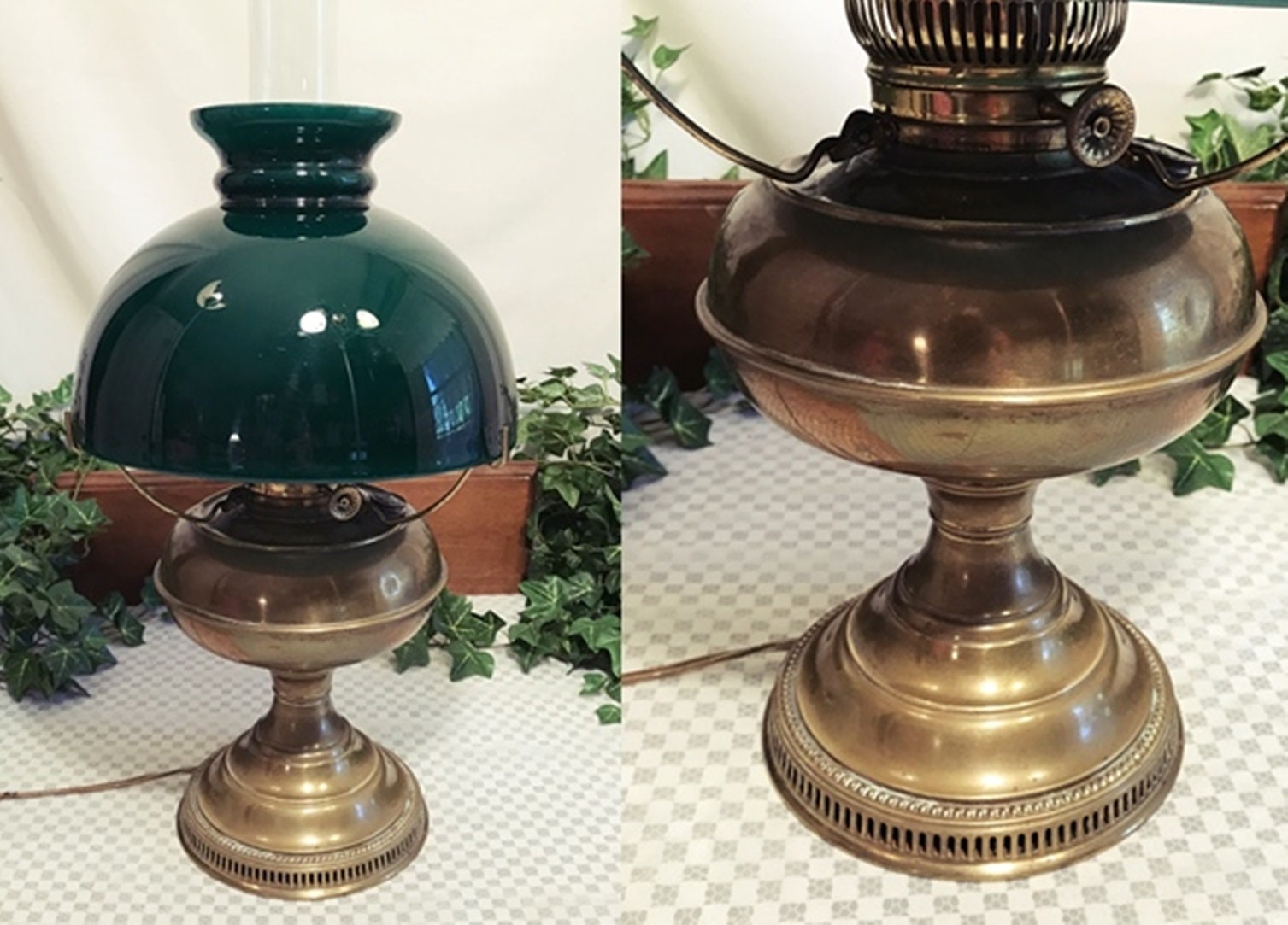 Lighting Antique Brass Rayo Kerosene Oil Lamp w Green Globe Home ...