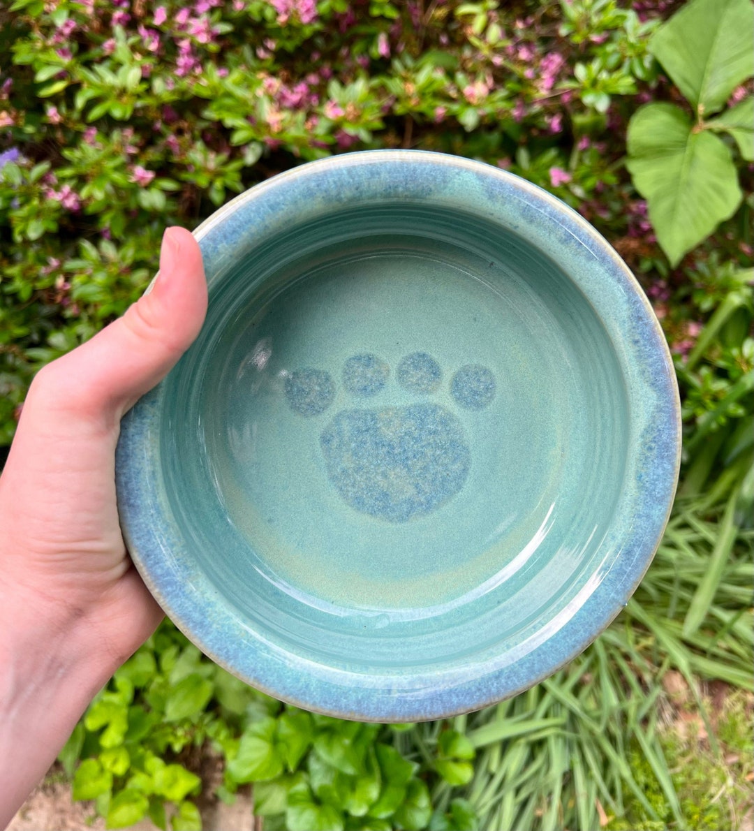 Handmade Turquoise Ceramic Dog Bowl: Paw Print Pet Dish - Etsy