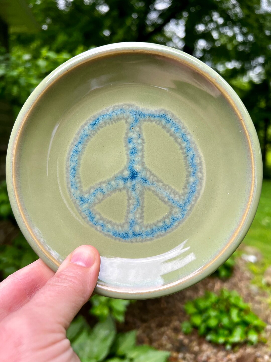 Peace Sign Plate, Amber and Green Small Ceramic Dish, Spoon Rest, Peace ...