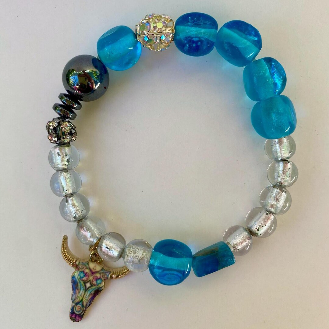 Throat Chakra Bracelet W/ Blue Glass, Bull Horns, Apatite, Hematite ...