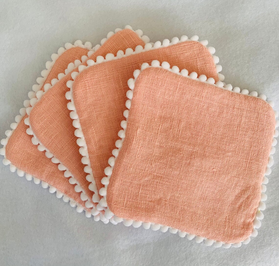 Set of 4 Linen Coasters with Pom Pom TrimGary Linen Coasters | Etsy