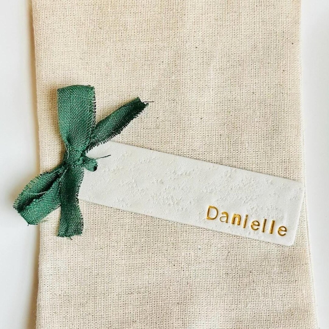 Personalized Polymer Clay Bookmark Place Cards: Gold Calligraphy, Green ...