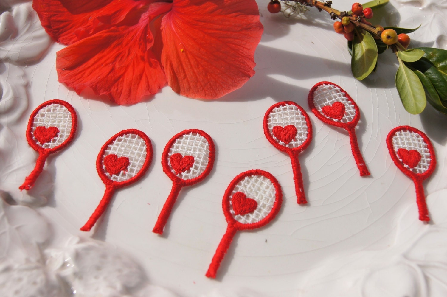Vintage Embroidered Red Heart White Tennis Racket Applique, 1960s ...