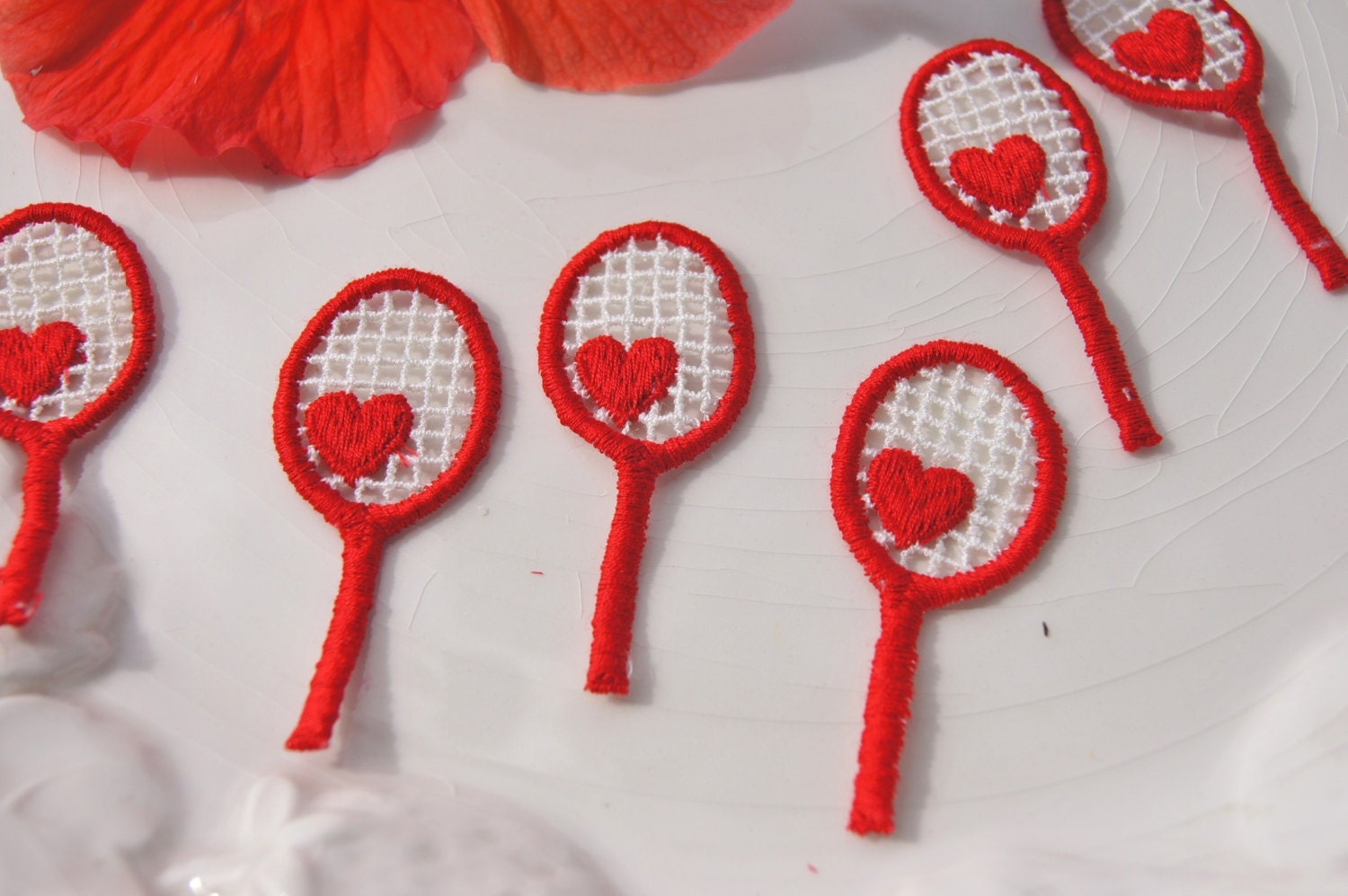 Vintage Embroidered Red Heart White Tennis Racket Applique | Etsy