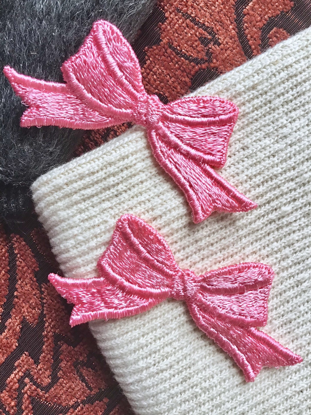 VINTAGE Embroidered PINK Bow Decorative Patch Applique, Cute Embroidery ...