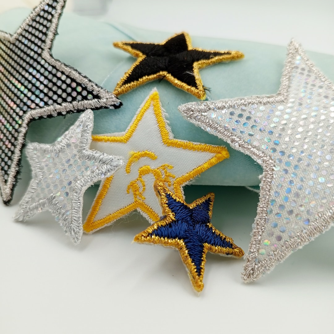 Iron on Metallic Black Navy STARS Patches Holographic Polka Dots Star ...
