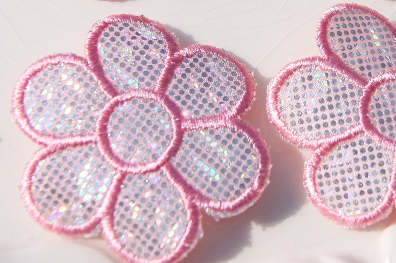METALLIC SILVER Iron On Pink Flower Patch Applique Pink | Etsy