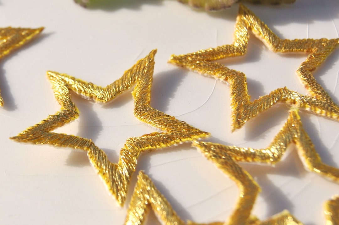 Iron-on GOLD STAR Patches, Metallic Thread Vintage Embroidered Applique ...