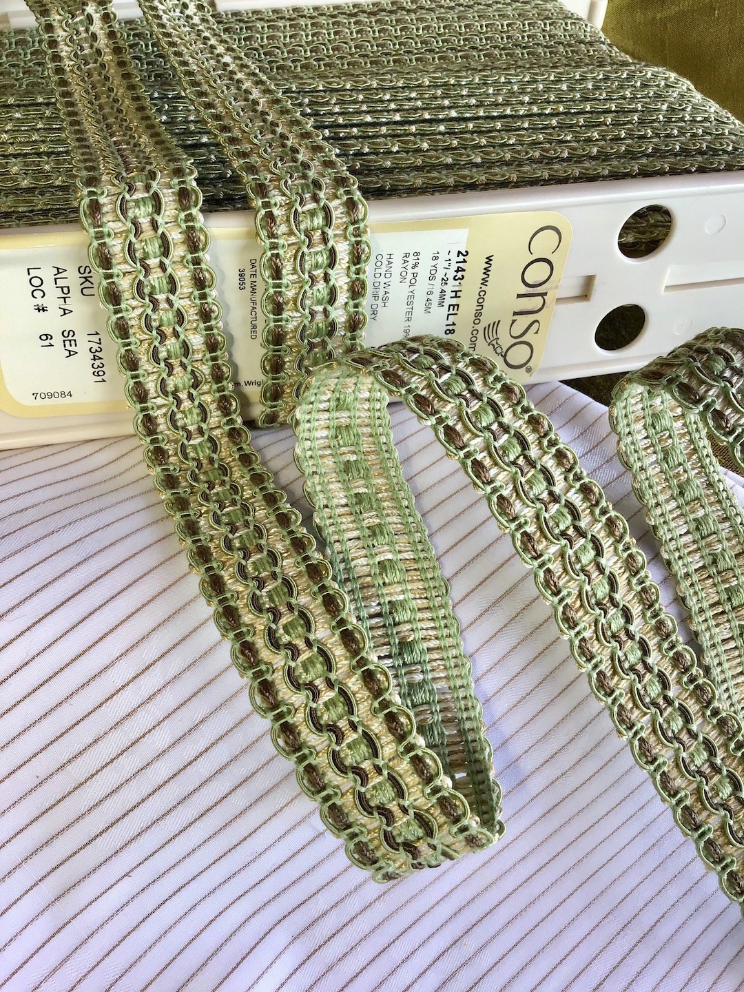 Conso 1" BRAIDED Decorative Trim by the Yard / Natural White Green ...
