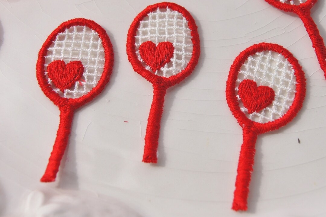 Vintage Embroidered Red Heart White Tennis Racket Applique, 1960s ...
