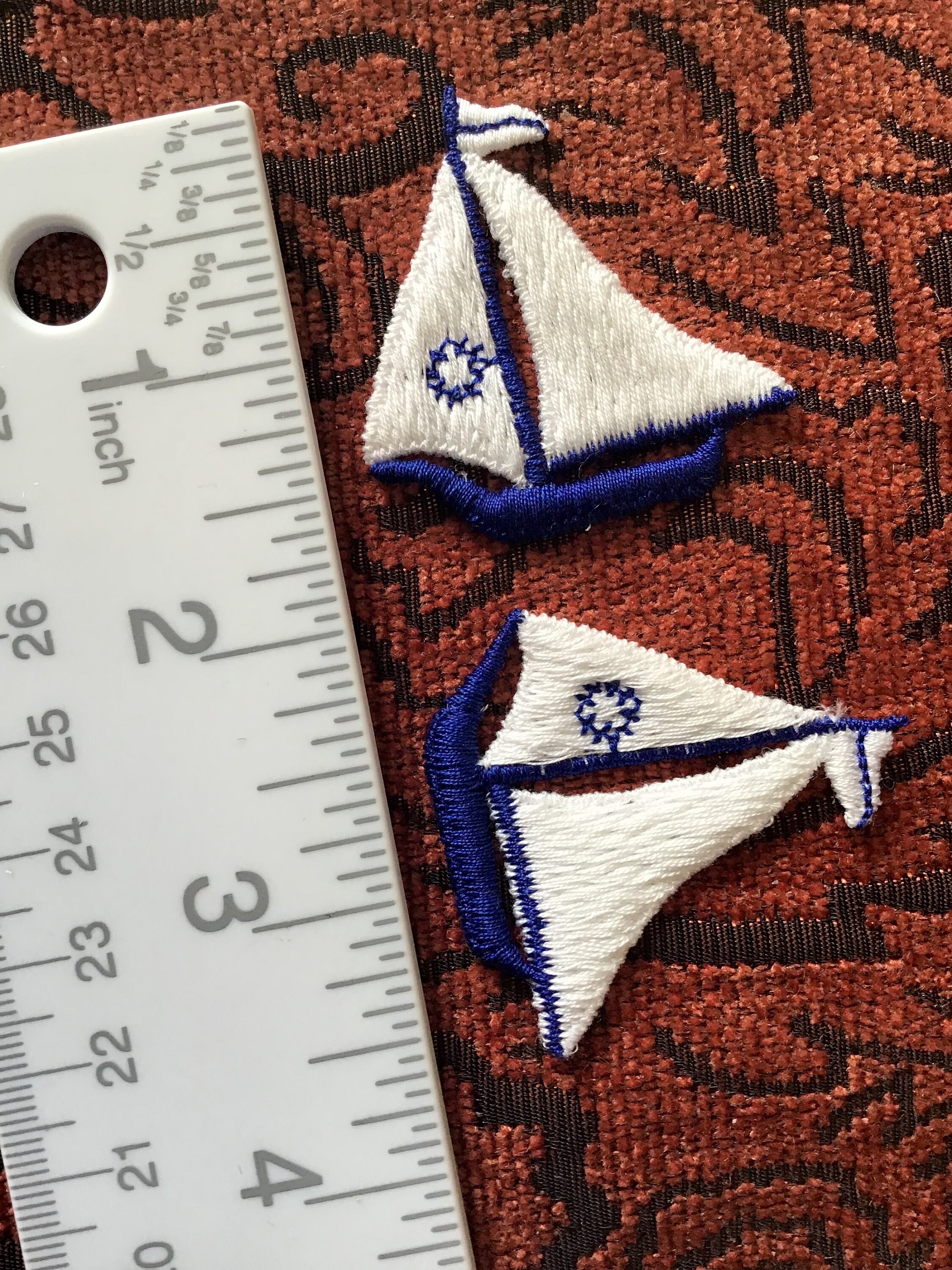 VINTAGE Embroidered NAVY WHITE Sailboat Sew-on Appliques Patch ...