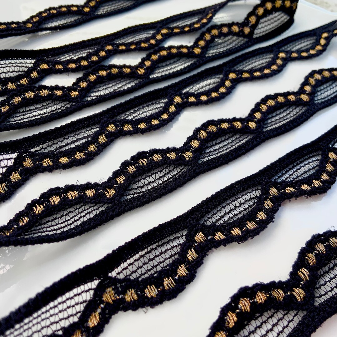ELASTIC STRETCH Lace Scalloped Edging 5/8” Metallic Gold White / Black ...