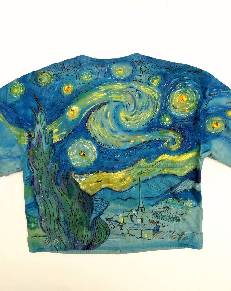 Starry Night Van Gogh Inspired Painted Jacket Womens L Yellow, Clear ...