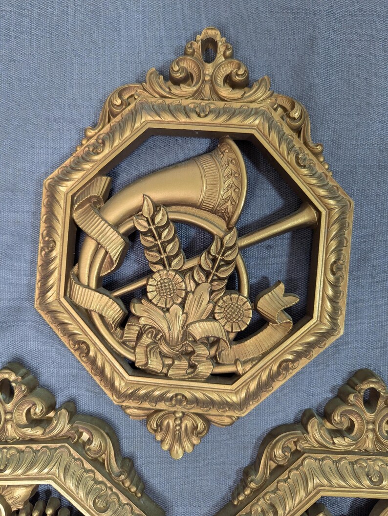 Vtg MCM 70s Music Instruments Wall Art Homco 4 Gold Plaques Complete ...