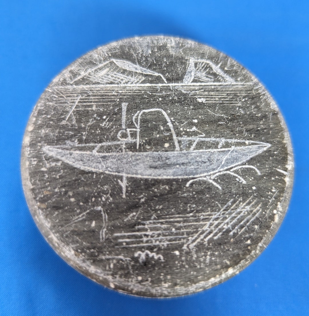 Etched Soapstone Trinket Box Etched Kayak Round Gray Canada Harpoon ...