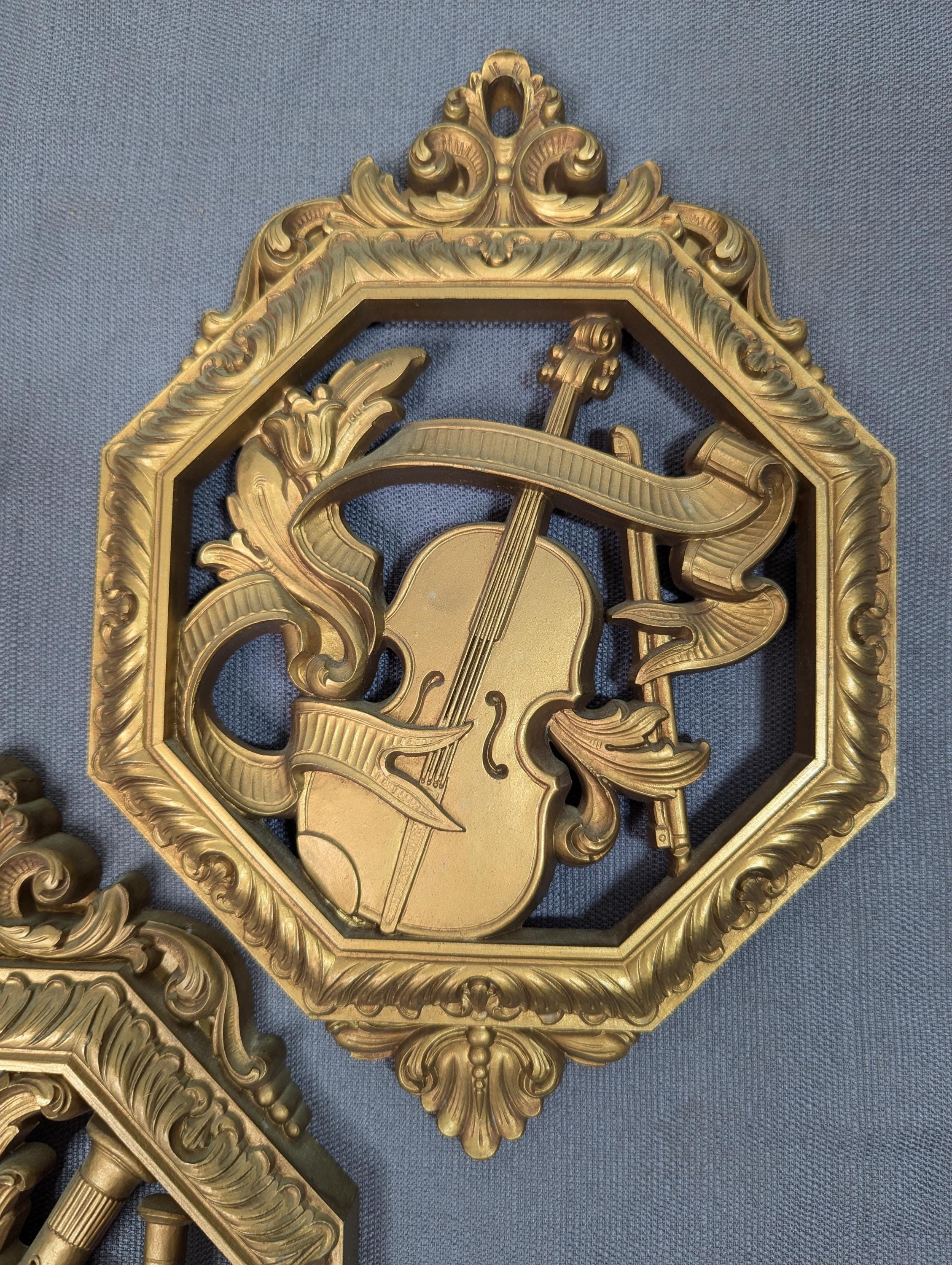 Vtg MCM 70s Music Instruments Wall Art Homco 4 Gold Plaques Complete ...