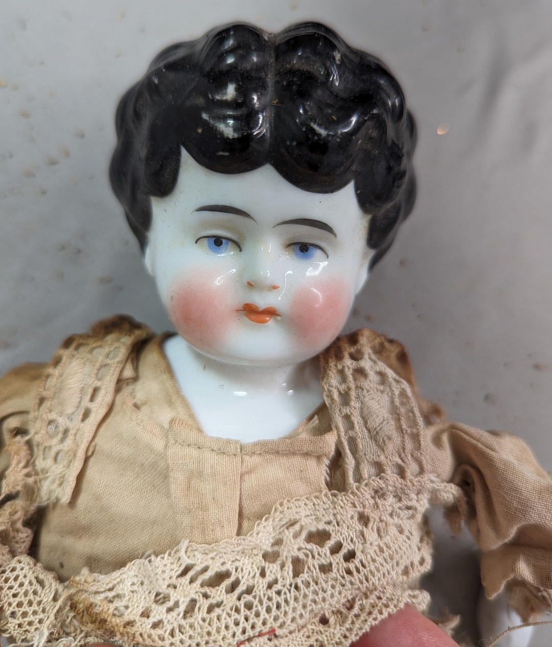 Antique Doll Porcelain Head Arms Distressed Black Hair Straw Filled - Etsy