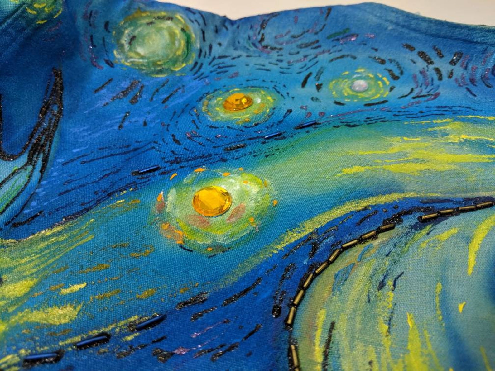 Starry Night Van Gogh Inspired Painted Jacket Womens L Yellow, Clear ...