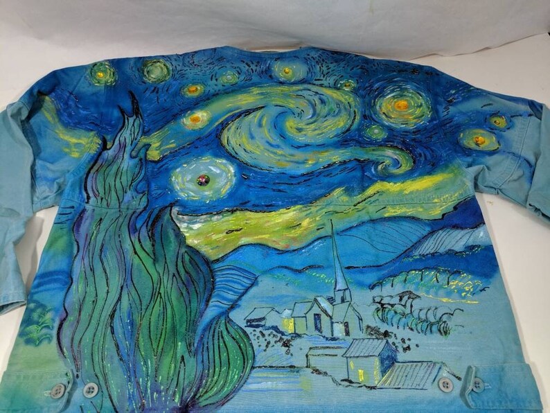 Starry Night Van Gogh Inspired Painted Jacket Womens L Yellow, Clear ...
