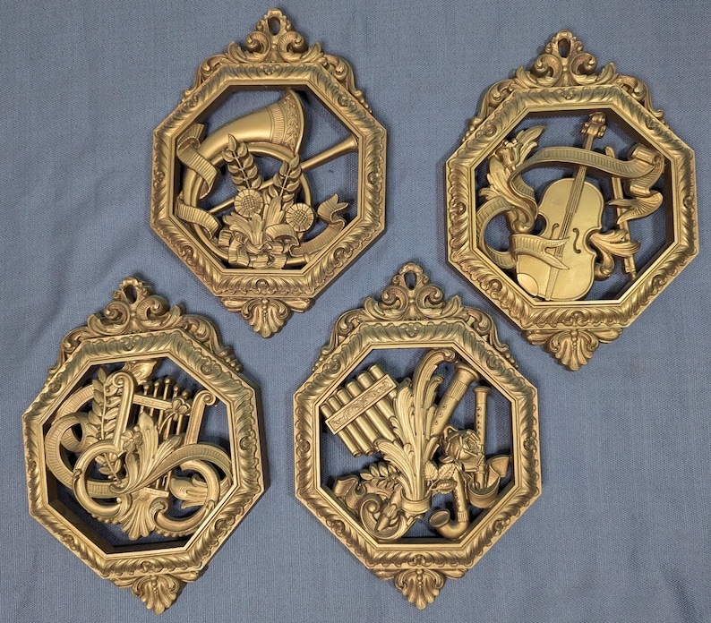 Vtg MCM 70s Music Instruments Wall Art Homco 4 Gold Plaques Complete ...