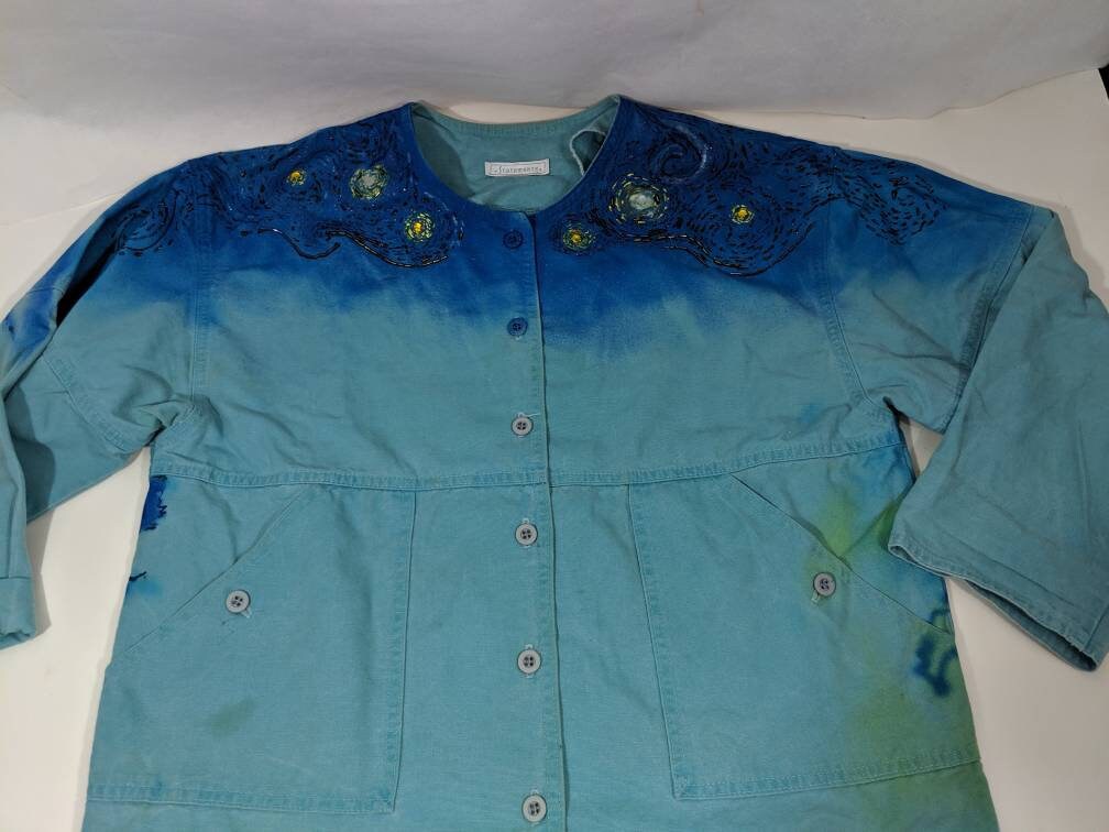 Starry Night Van Gogh Inspired Painted Jacket Womens L Yellow, Clear ...