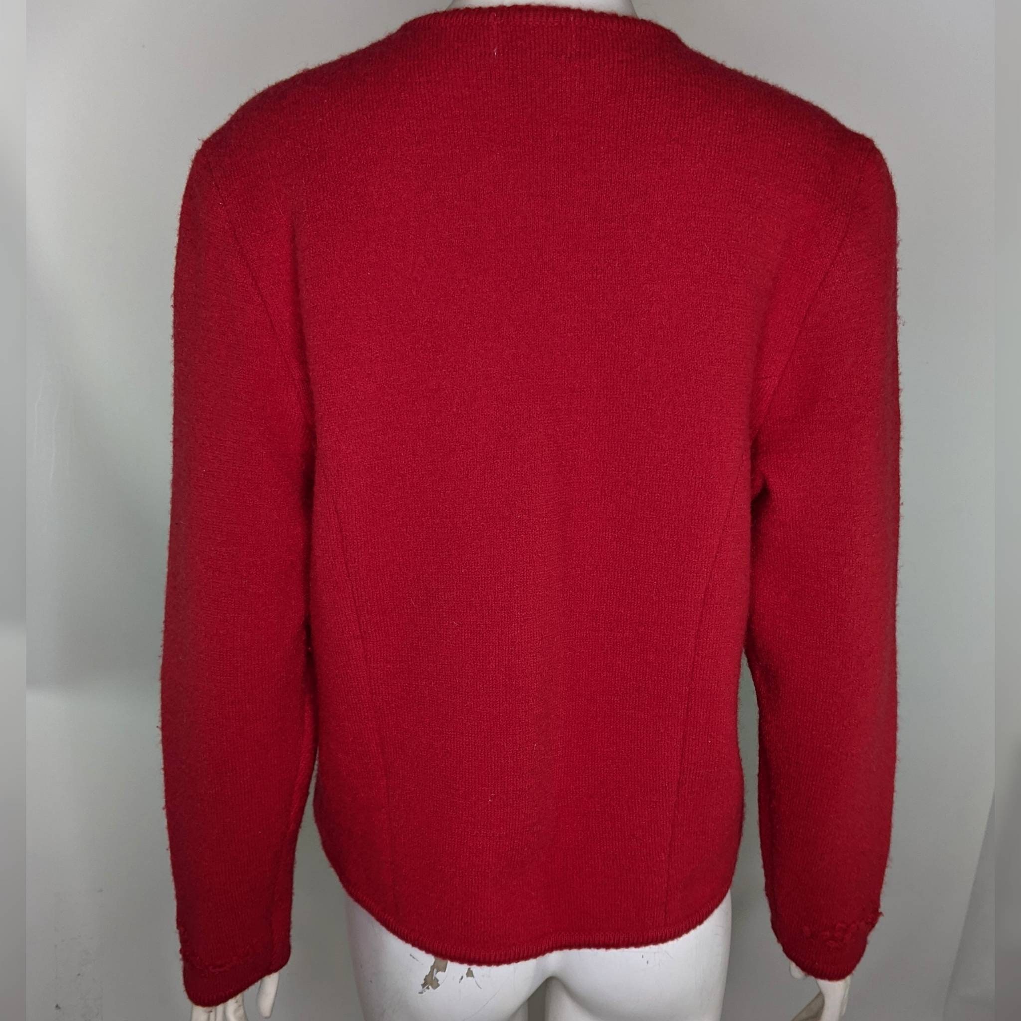 Womens M Red Cardigan Boiled Wool Embroidered Flowers Gold Tone Buttons ...