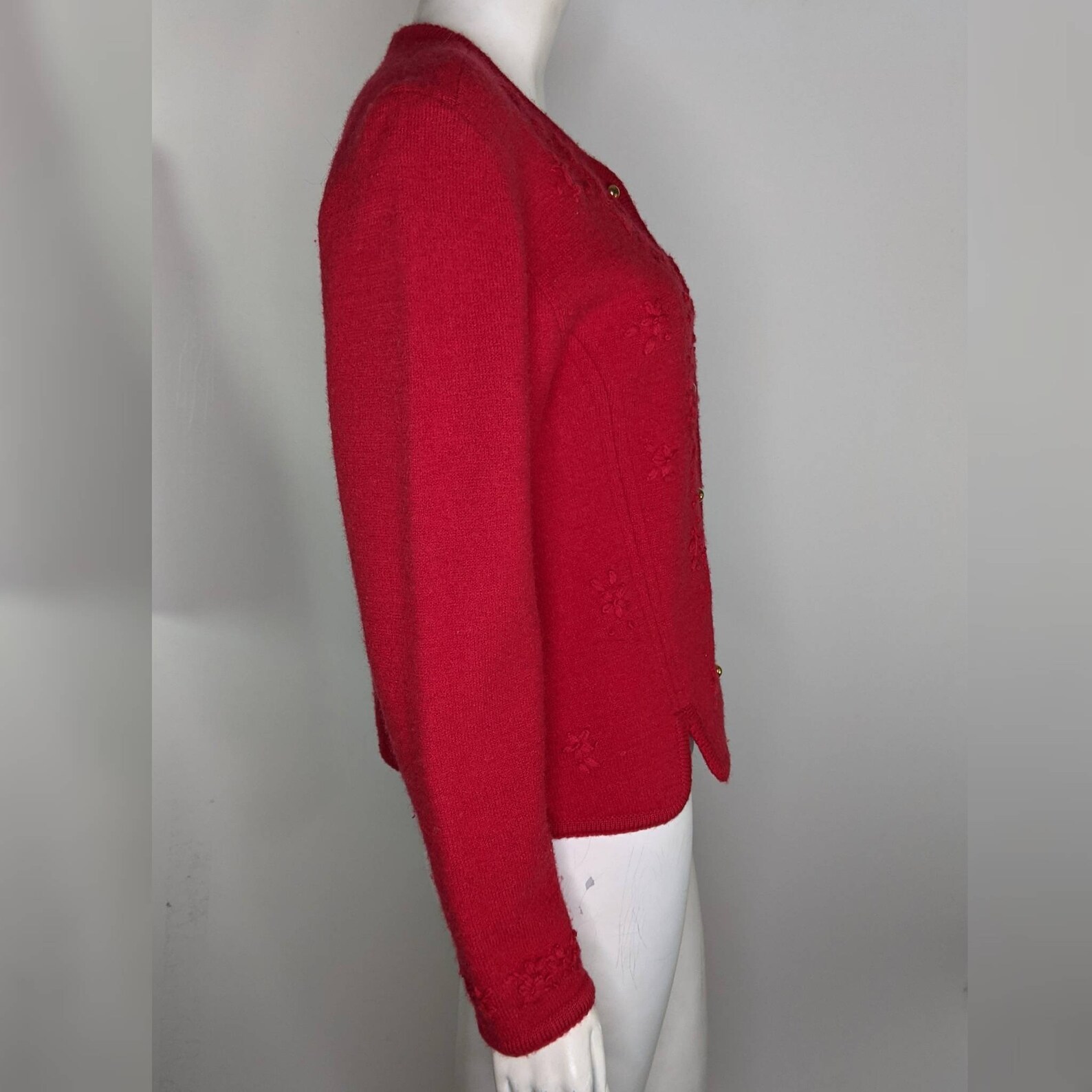 Womens M Red Cardigan Boiled Wool Embroidered Flowers Gold Tone Buttons ...