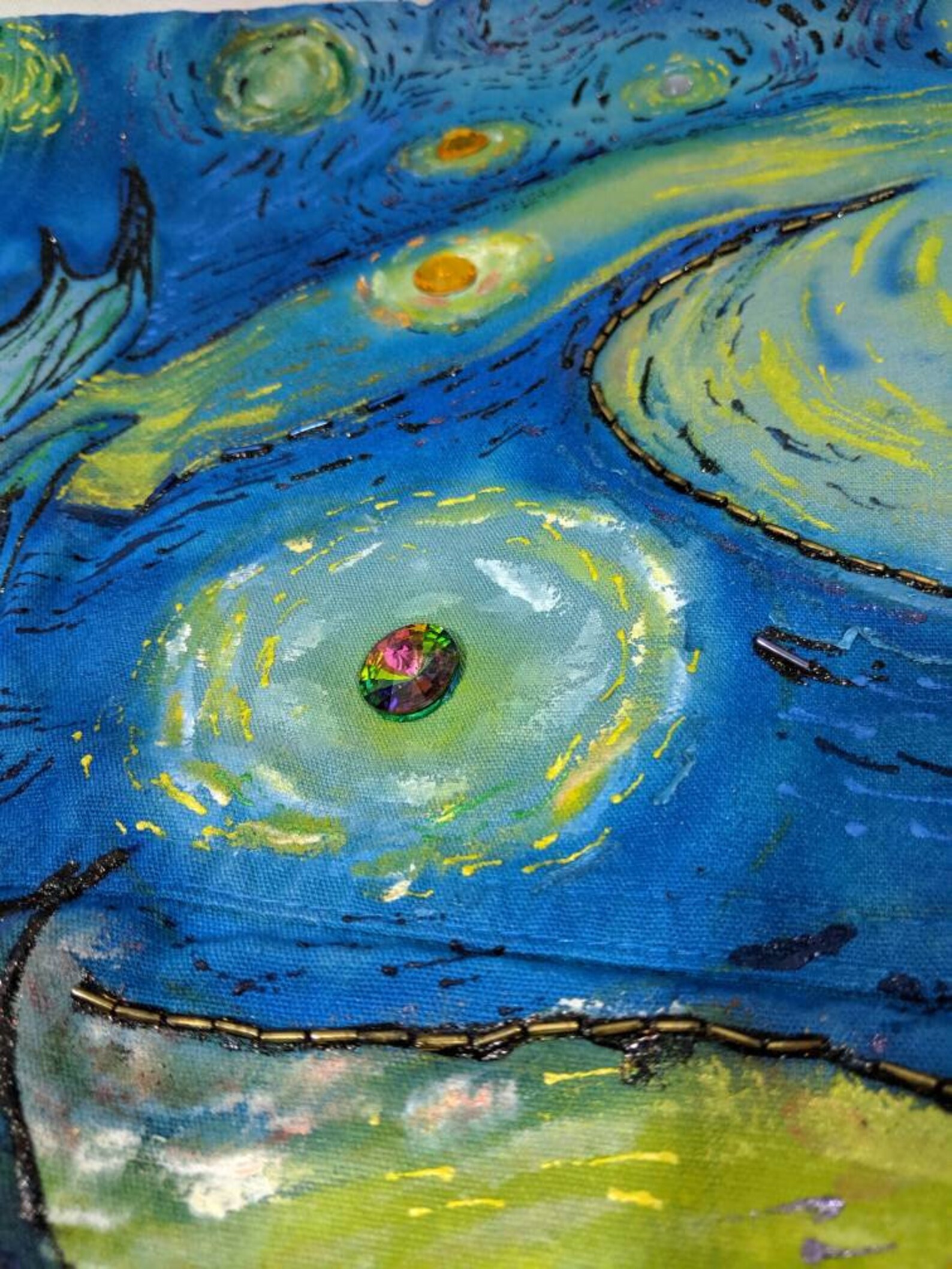 Starry Night Van Gogh Inspired Painted Jacket Womens L Yellow, Clear ...