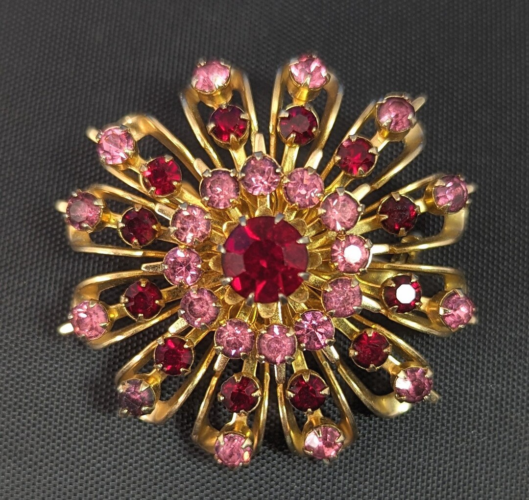 Vintage Coro Brooch Starburst Pink Red Gold Tone Mid Century Modern 50 ...