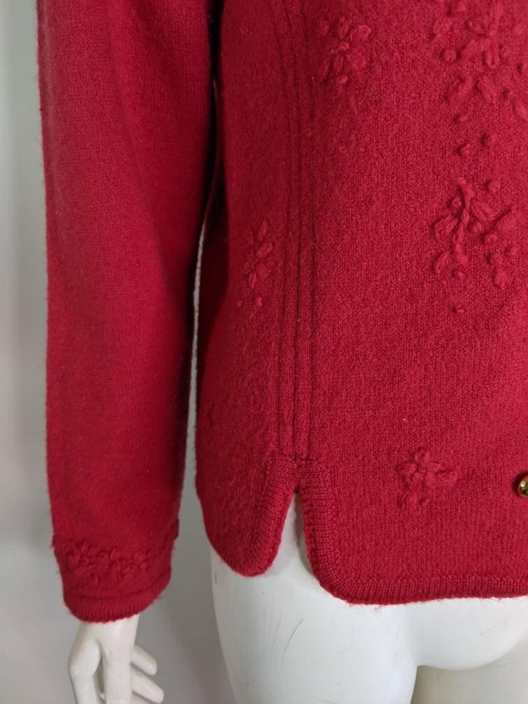 Womens M Red Cardigan Boiled Wool Embroidered Flowers Gold Tone Buttons ...